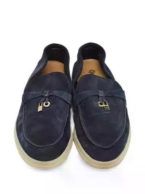 Loro Piana Navy Suede Almond Toe Loafers With Gold-tone Logo Charms - Blue