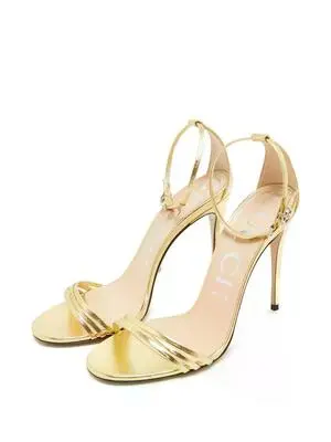 GUCCI Gucci Gold-Tone Leather Crystal-Embellished Double G Buckle Stiletto Sandals