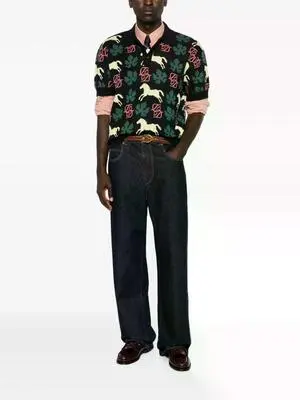 Drole De Monsieur Horse-print Jacquard-knit Polo Shirt - Black