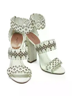 Alaïa Leather Scalloped Grommet High Block Heel Sandals
