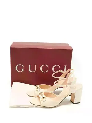 Gucci Leather Horsebit Ankle Strap Block Heel Sandals
