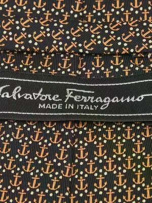 FERRAGAMO Anchor Pattern Silk Neck Tie - Black