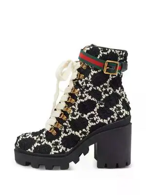Gucci Gg Logo Tweed Combat Boots