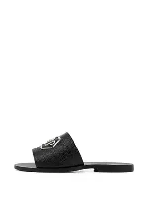 Philipp Plein Big Hexagon Leather Sandals - Black