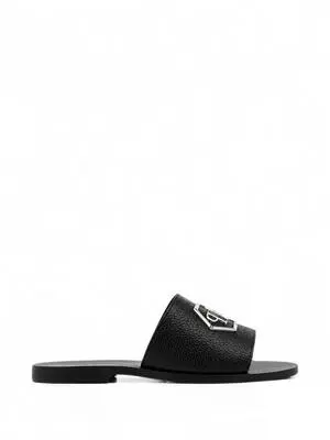 Philipp Plein Big Hexagon Leather Slides - Black