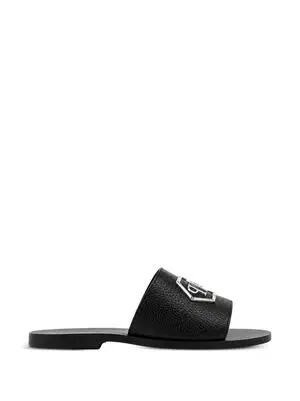 Philipp Plein Big Hexagon Leather Slides - Black