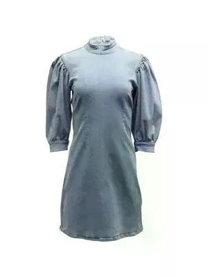GANNI Puff Sleeve Mock Neck Mini Dress - Blue