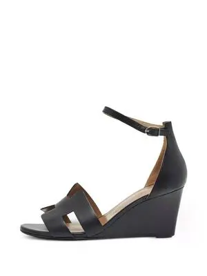 HERMÈS Hermès Black Leather H Cut-Out Wedge Sandals