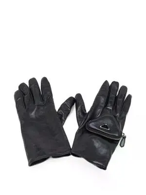 Prada Logo Pouch Leather Gloves - Black