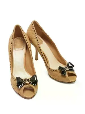 DIOR Christian Dior Quilted Peep-Toe Pumps With Bow Detailing And CD Logo