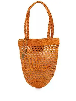 Chloé Raffia Embroidered Logo Summer Banana Tote Bag