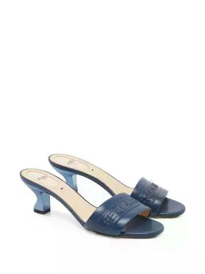 Fendi Roma Logo Embossed Leather Mid Heel Sandals - Blue