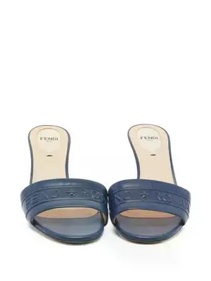 Fendi Roma Logo Embossed Leather Mid Heel Sandals - Blue