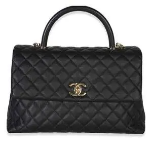 CHANEL Black Quilted Caviar Medium Coco Top Handle Bag