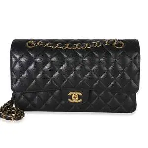 CHANEL Black Quilted Caviar Medium Classic Double Flap Bag