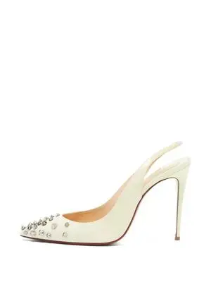 CHRISTIAN LOUBOUTIN Cream Patent Leather Drama Studded Slingback Pumps