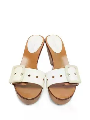 SERGIO ROSSI Cream Calf Leather Buckle Detail Platform Clogs