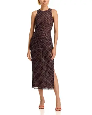 Aqua Plaid Mesh Sleeveless Midi Dress