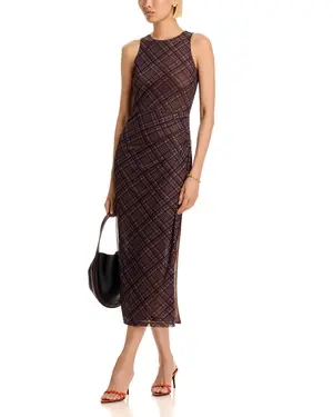 Aqua Plaid Mesh Sleeveless Midi Dress