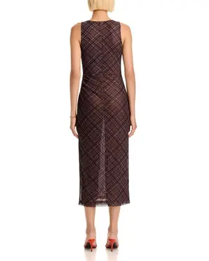 Aqua Plaid Mesh Sleeveless Midi Dress