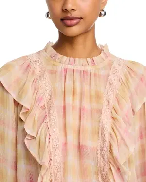 Aqua Plaid Ruffle Lace Inset Top