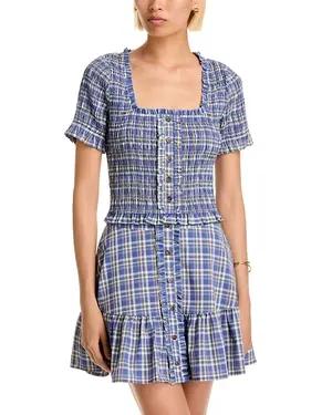Aqua Plaid Short Sleeve Smocked Top Exclusive