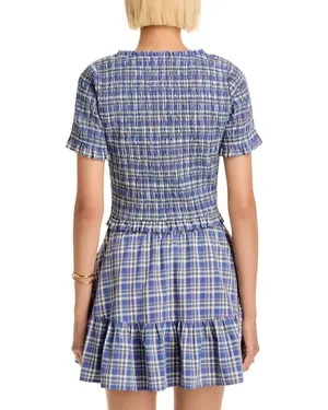 Aqua Plaid Short Sleeve Smocked Top Exclusive