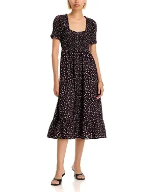 Aqua Ditsy Floral Smocked Short Sleeve Midi Dress Exclusive - Black Multi