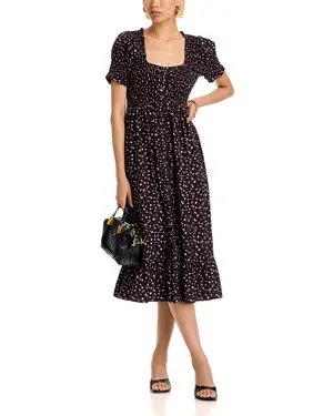 Aqua Ditsy Floral Smocked Midi Dress