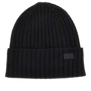 Max Mara Ribbed Virgin Wool Beanie Hat With Logo Patch - Black