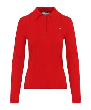Prada Long-sleeve Ribbed Knit Polo Shirt - Red