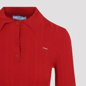Prada Long-sleeve Ribbed Knit Polo Shirt - Red