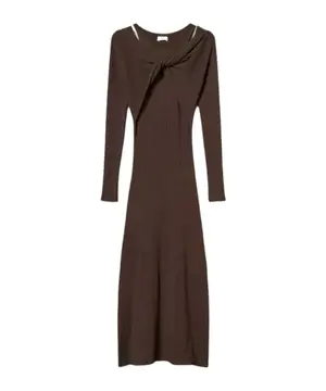 TWINSET Ribbed Knit Maxi Dress With Shawl-style Design And Front Tie
