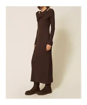 TWINSET Ribbed Knit Maxi Dress With Shawl-style Design And Front Tie