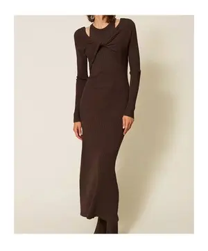 TWINSET Ribbed Knit Maxi Dress With Shawl-style Design And Front Tie