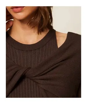 TWINSET Ribbed Knit Maxi Dress With Shawl-style Design And Front Tie