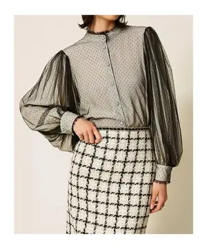 TWINSET Sheer Long Sleeve Ruffled Neck Shirt