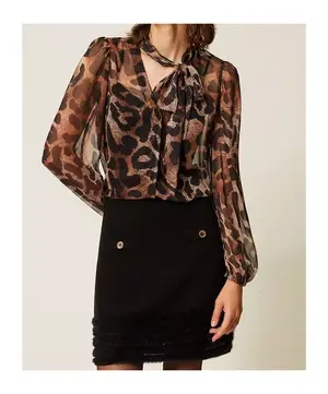 TWINSET Animal Print Sheer Bow Tie Neck Long Sleeve Shirt