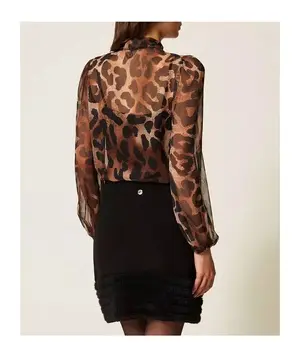 TWINSET Animal Print Sheer Bow Tie Neck Long Sleeve Shirt