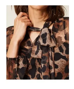 TWINSET Animal Print Sheer Bow Tie Neck Long Sleeve Shirt