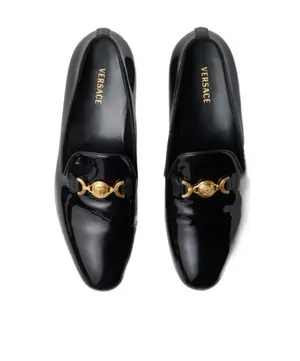 Versace Gala Patent Slippers With Medusa Hardware - Black