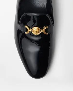 Versace Gala Patent Slippers With Medusa Hardware - Black