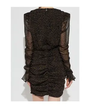 ROTATE BY BIRGER CHRISTENSEN Long-sleeved Leopard Print Ruched Dress
