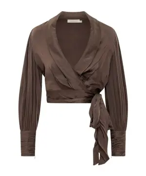 Zimmermann Cropped Silk Wrap Top With V-neck And Tie-front