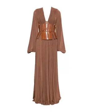 Elisabetta Franchi Pleated Lace-up Maxi Dress - Brown