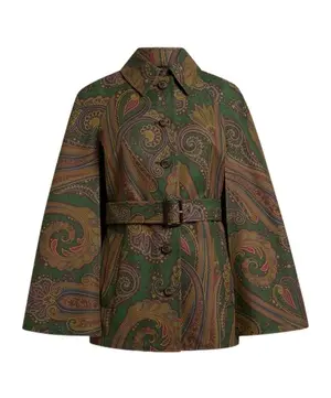 Etro Cotton Gabardine Trench Coat-style Cape With Paisley Motif - Green