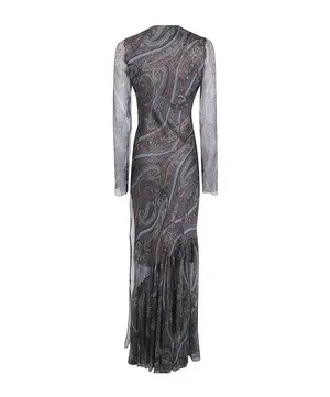 Etro Long Sleeve V-neck Paisley Pleated Maxi Dress