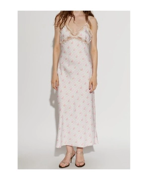 LoveShackFancy Printed V-neck Lace Trim Midi Dress