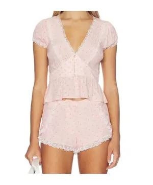 LoveShackFancy Bondy Lace Trim Peplum Top - Nude