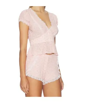 LoveShackFancy Bondy Lace Trim Peplum Top - Nude